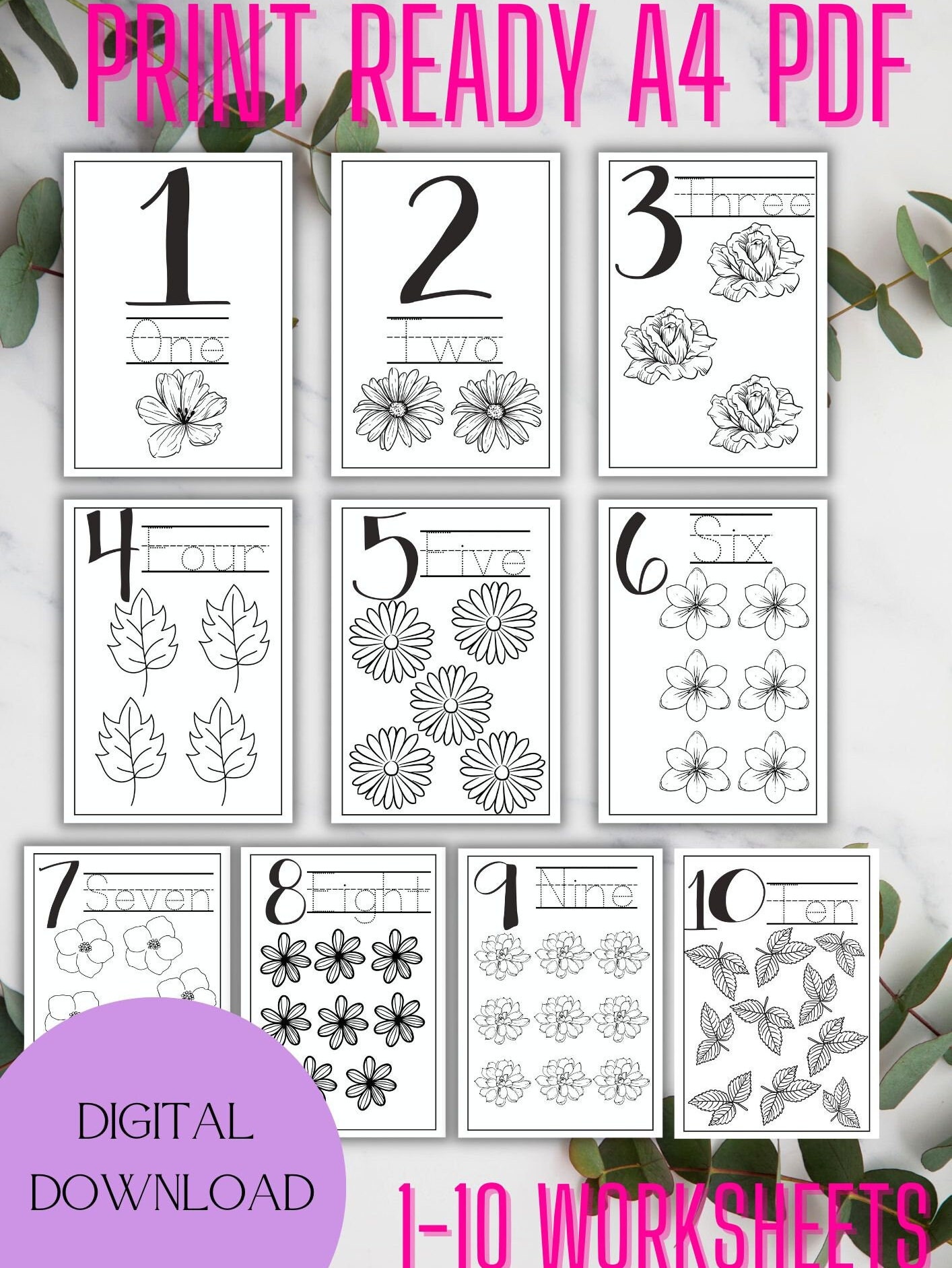 PRINT READY A4 COLOURING Sheets 1-10 Floral Counting Worksheets Colour ...
