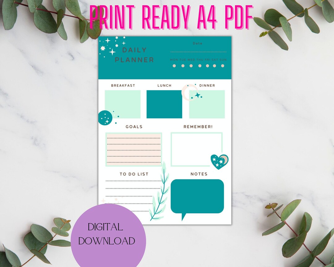 PRINT READY A4 DIGITAL Download Dark Green Emerald Daily Planner Sheet ...