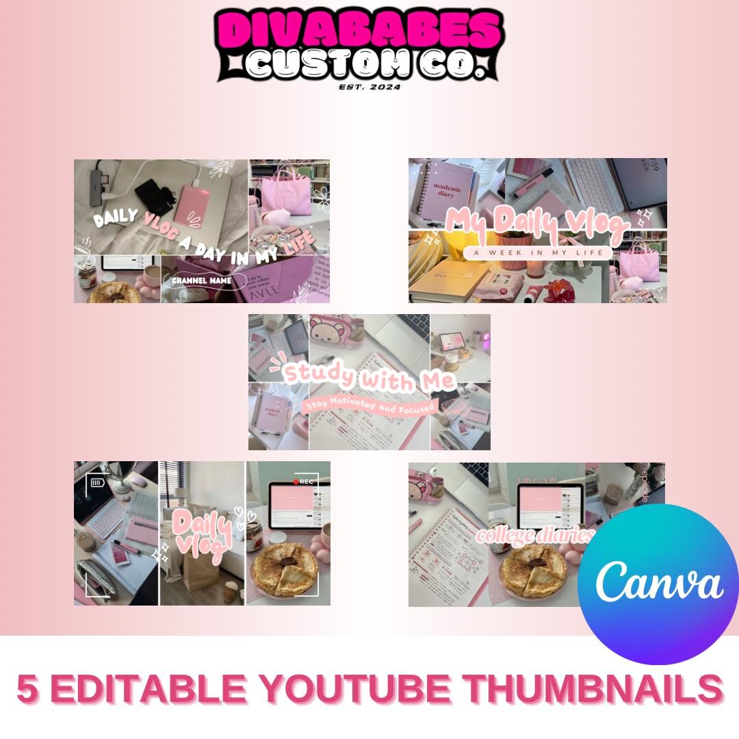 5 Trendy Vlog Thumbnails Pack for Canva Youtube Thumbnail DIY Editable ...