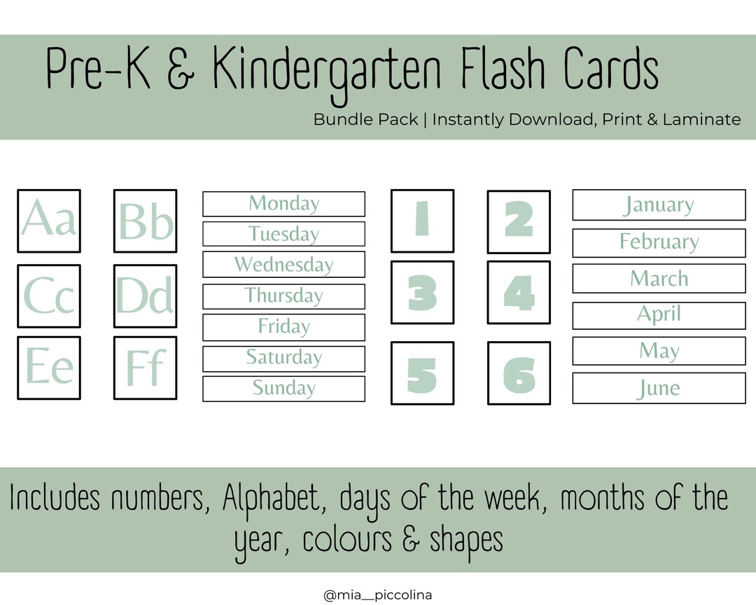 Printable Kindergarten Flash Card Bundle - Alphabet, Numbers, Shapes ...