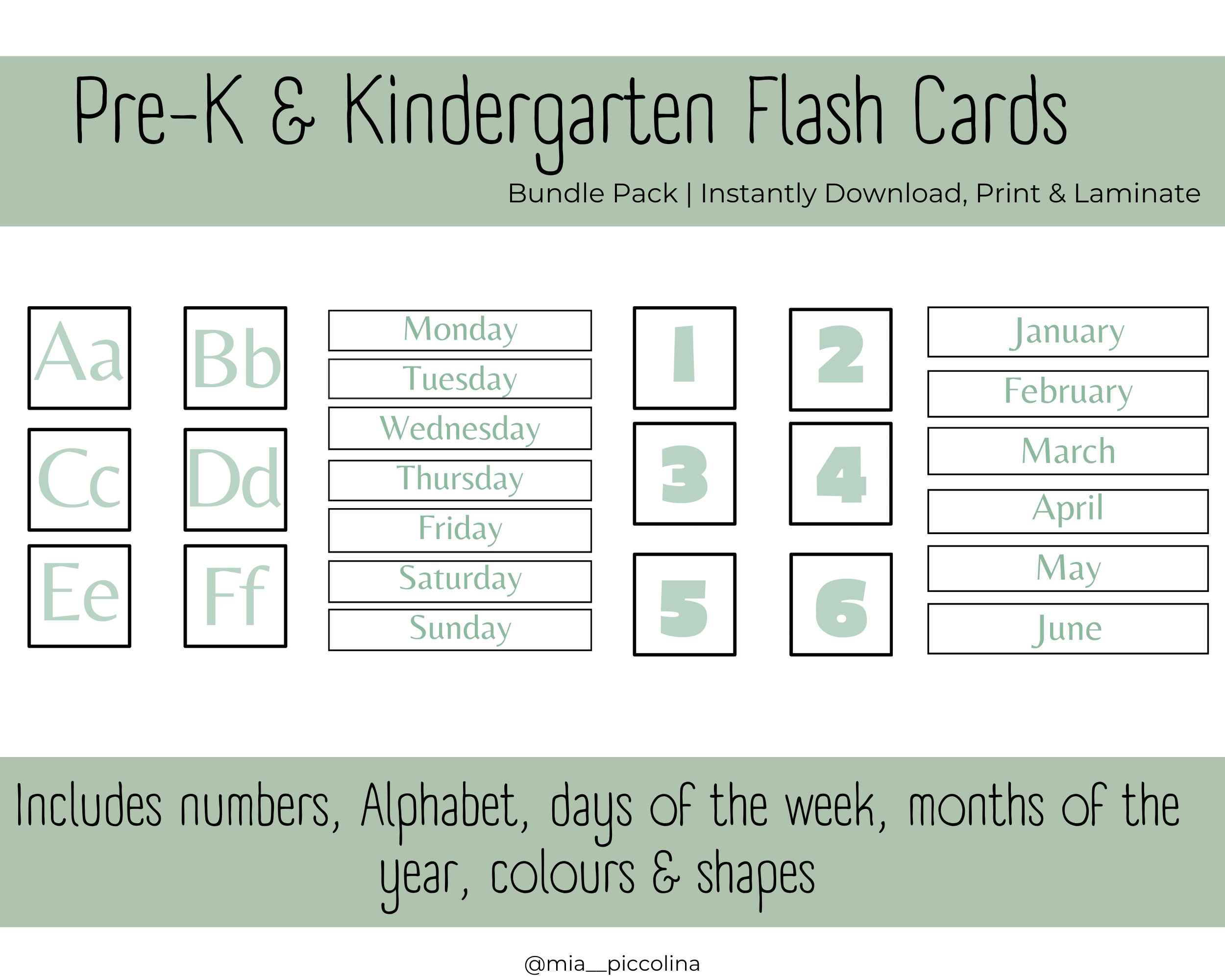 Printable Kindergarten Flash Card Bundle - Alphabet, Numbers, Shapes ...