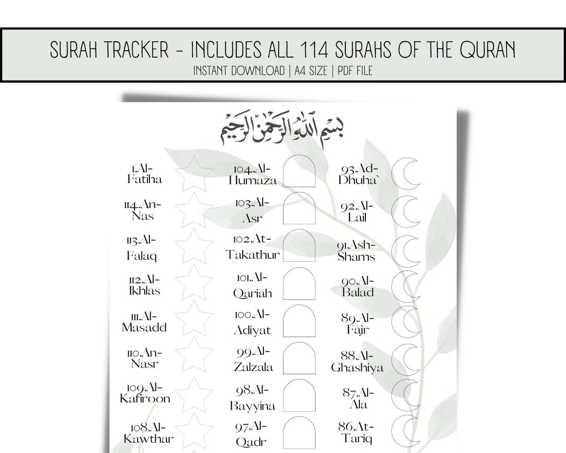 Printable Surah Tracker, Printable Quran Tracker, Juz Amma Surah ...
