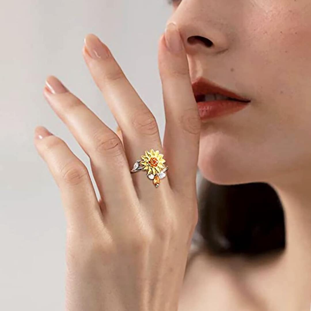 Sterling Silver Sunflower and Bee Spinner Ring, Stress-relief Rotating ...