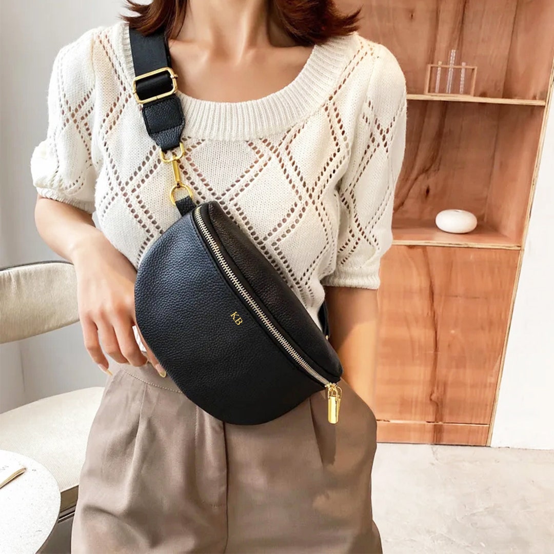 Black Leather Bum Bag for Women, Black Leather Belly Bag, Personalised Initials Leather Waist ...