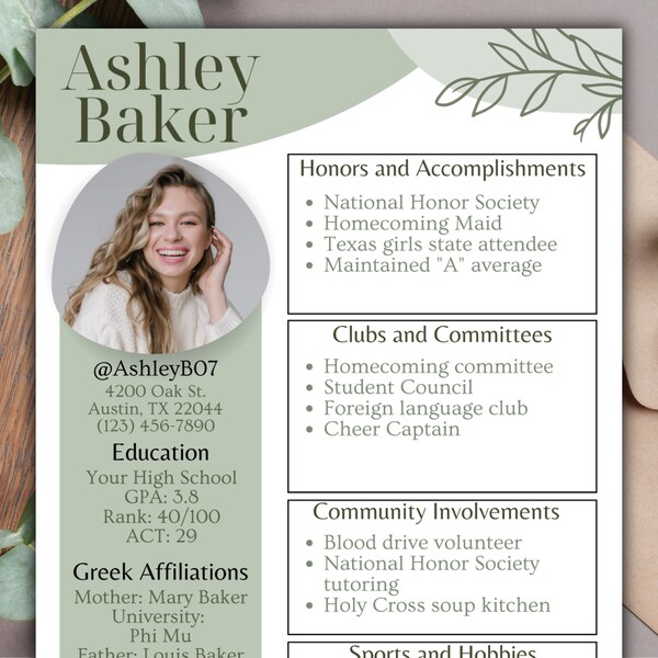 Fraternity Rush Resume Template - Etsy