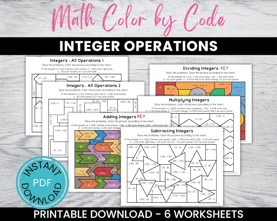 Integer Operations Math Color by Number Pages - Worksheets Packet - No ...