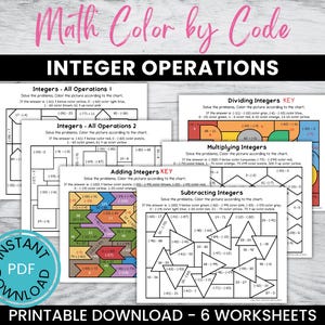 Integer Operations Math Color by Number Pages - Worksheets Packet - No ...
