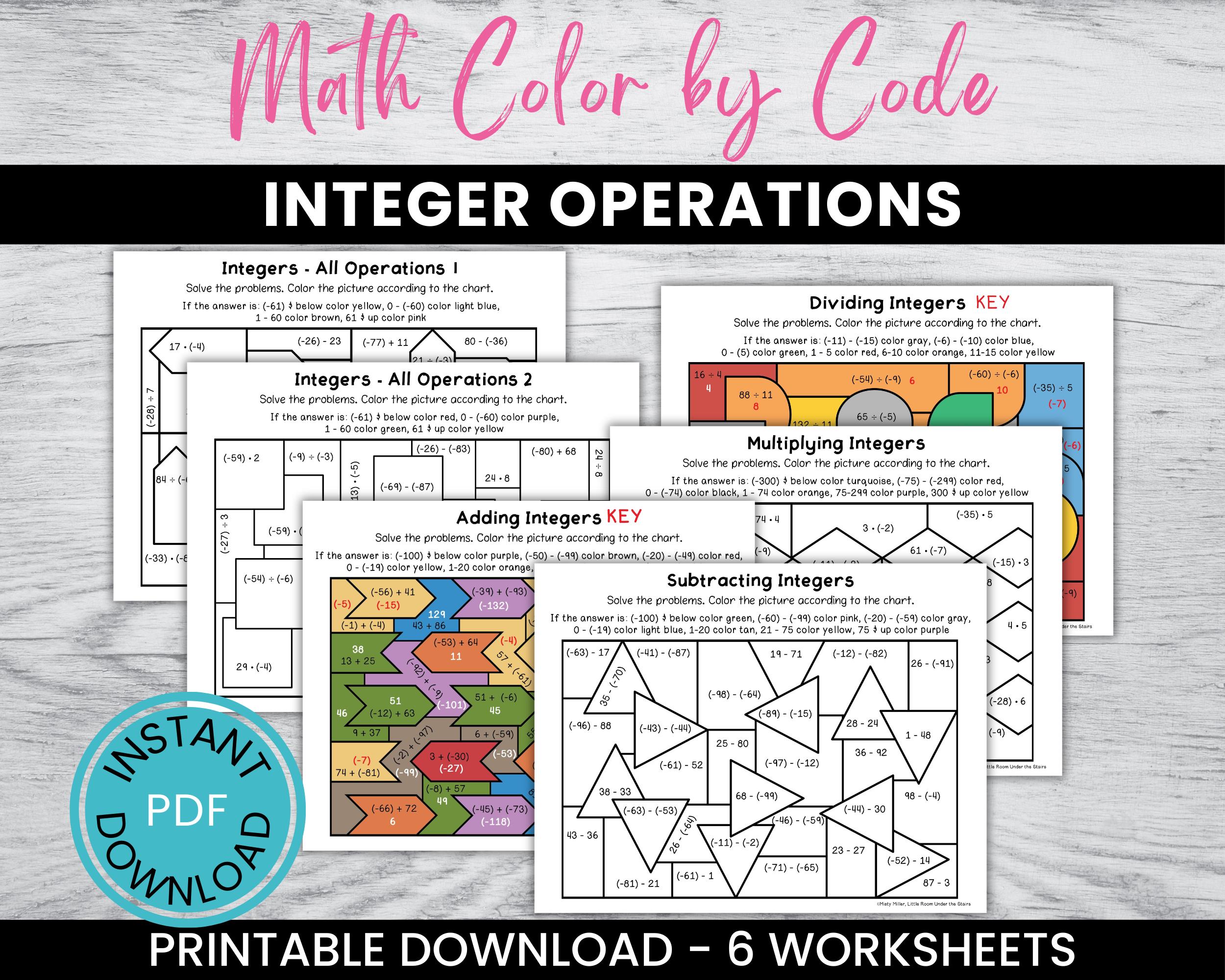 Integer Operations Math Color by Number Pages - Worksheets Packet - No Prep Math Center - 6th ...