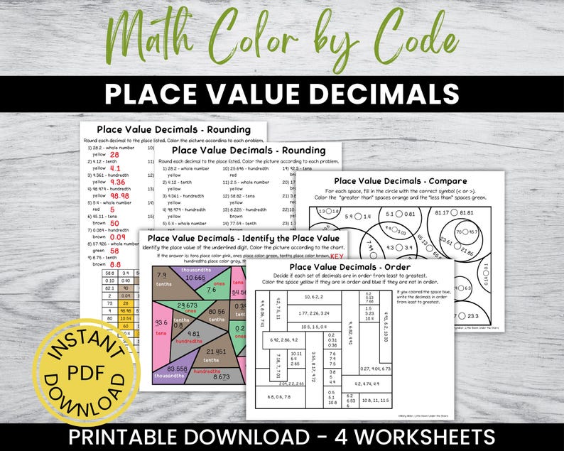 Color by Number Math Worksheets - Decimal Place Value Practice - 5th ...