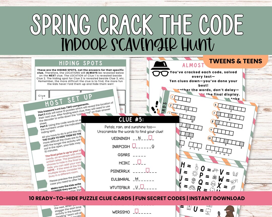 Spring Treasure Hunt - Indoor Printable Scavenger Hunt Puzzles - Secret ...