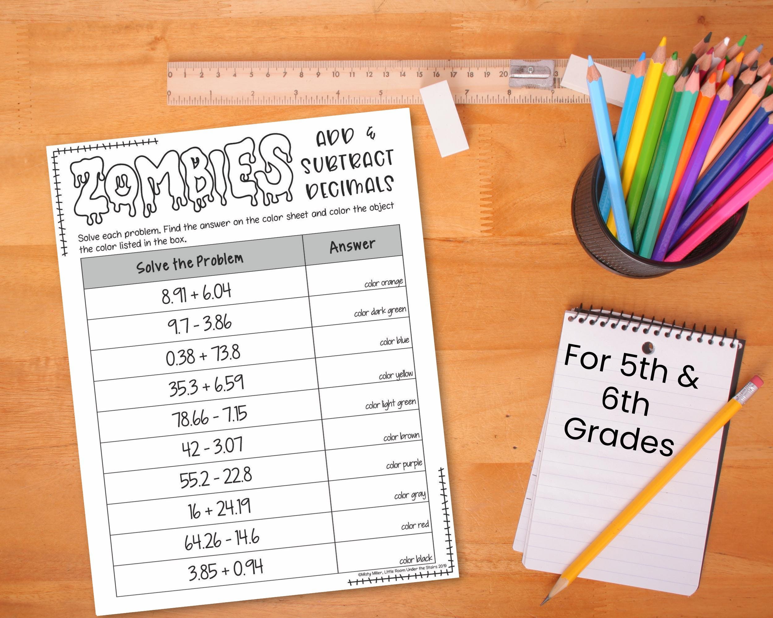 Halloween Zombie Math Adding and Subtracting Decimals - 5th and 6th ...