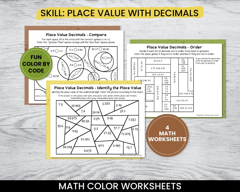 Color by Number Math Worksheets - Decimal Place Value Practice - 5th ...