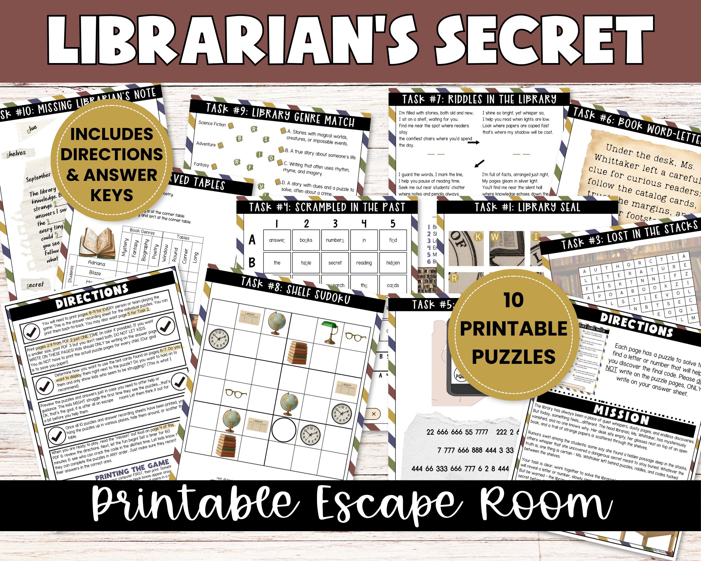 Librarian's Secret Escape Room for Tweens & Teens, Library Escape Room ...