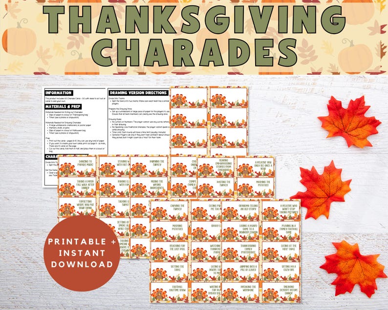 Thanksgiving Charades Game for Teens & Adults - Printable Thanksgiving ...