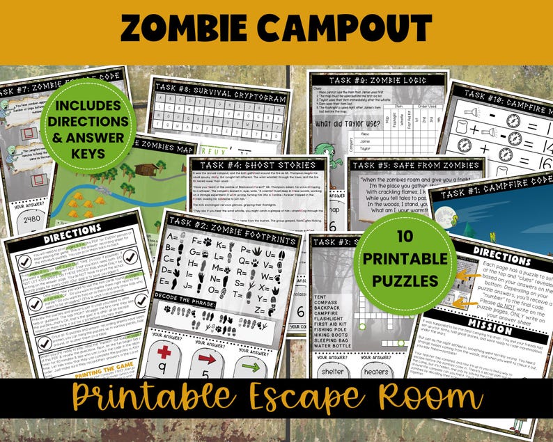 Zombie Campout Escape Room - Halloween Escape Room - Fun Printable ...
