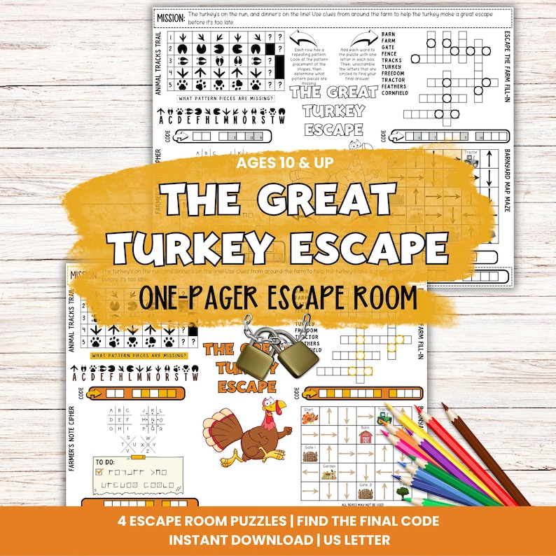 Thanksgiving One-pager Escape Room for Tweens, the Great Turkey Escape ...