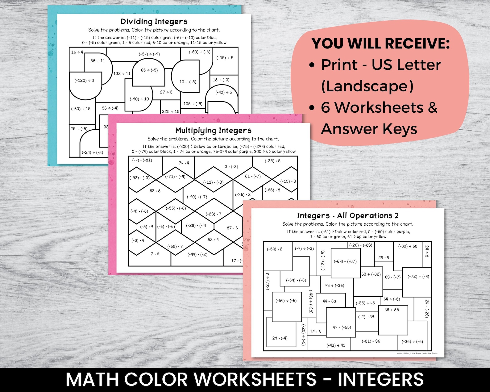 Integer Operations Math Color by Number Pages - Worksheets Packet - No ...