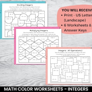 Integer Operations Math Color by Number Pages - Worksheets Packet - No ...