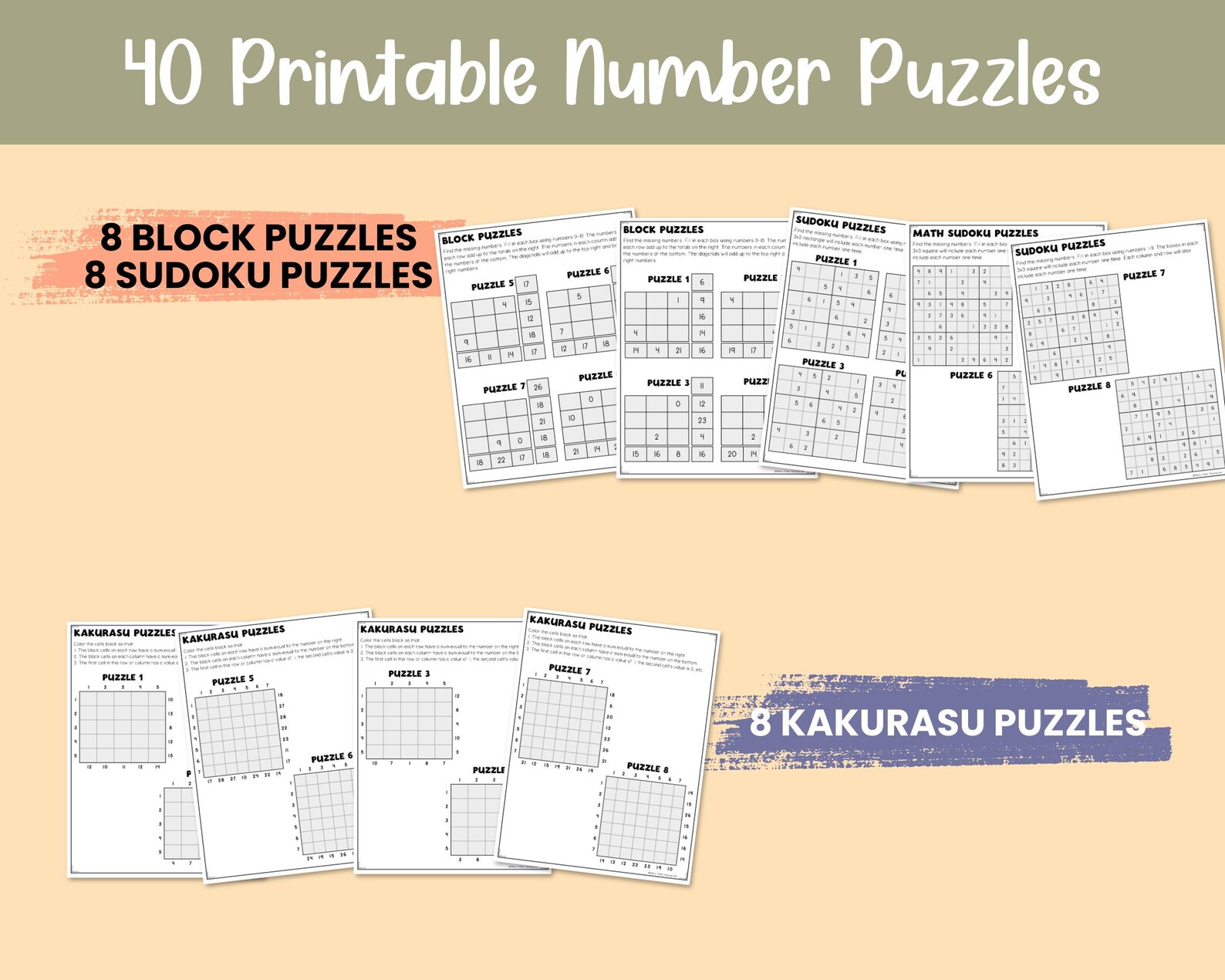 Engaging Number Puzzles Bundle for Kids - Sudoku, Kakurasu, Number ...