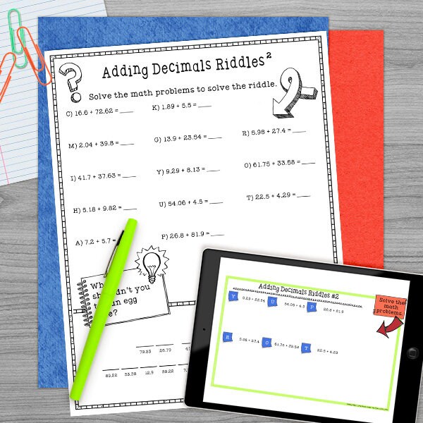 Adding Decimal Math Riddles Fun No Prep Worksheets Digital and Print ...