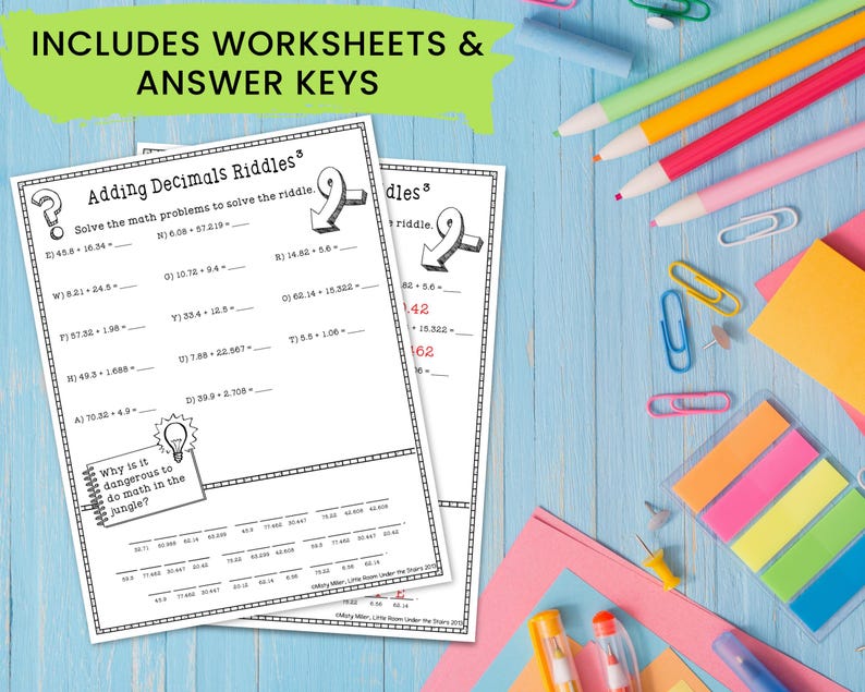 Math Decimals Worksheets With Riddles, Adding Decimals, Math Teacher ...