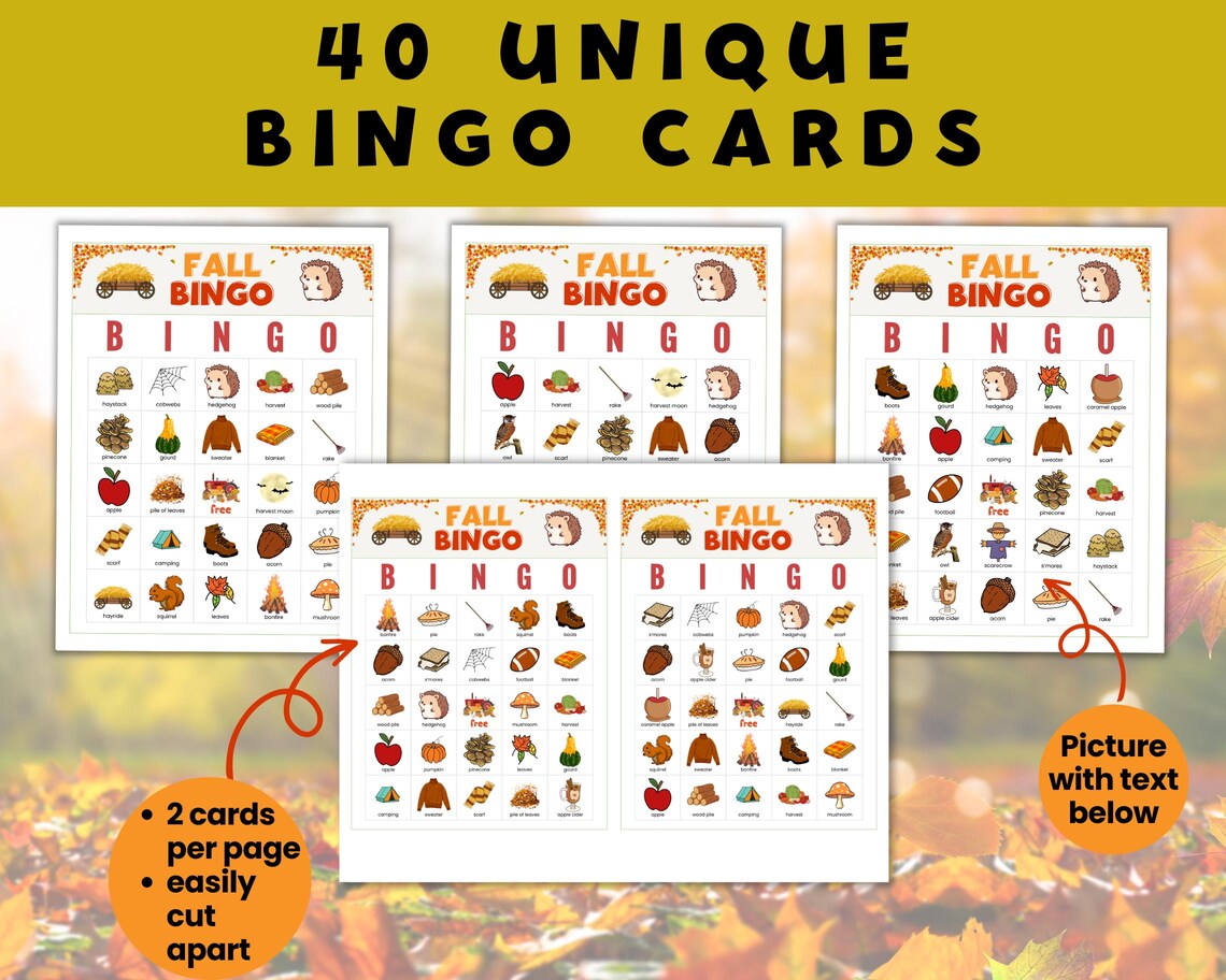 Fall Bingo Game - 40 Printable Bingo Cards - Autumn - Fall Game for ...