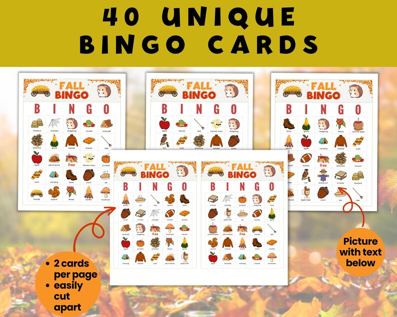 Fall Bingo Game - 40 Printable Bingo Cards - Autumn - Fall Game for ...