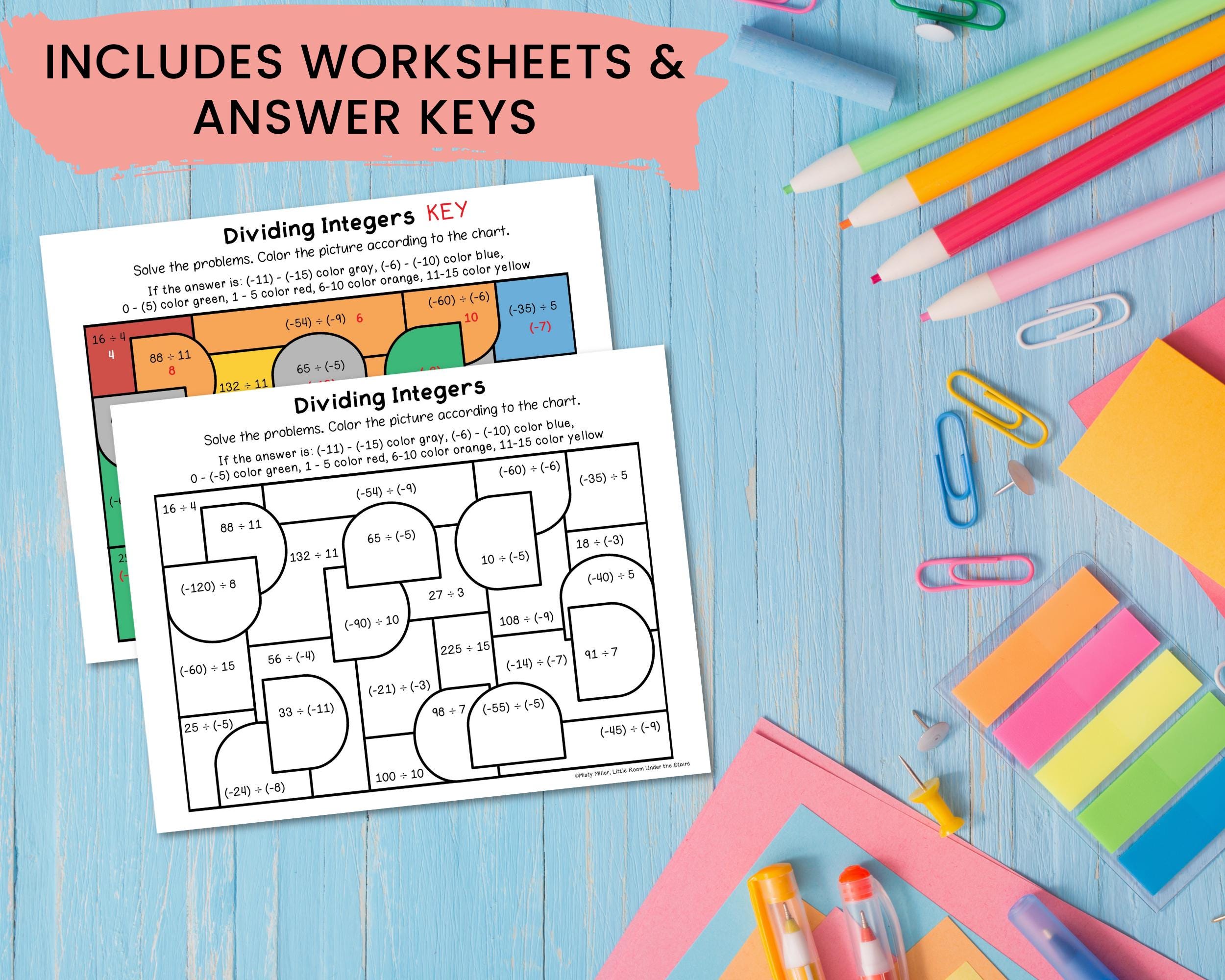 Integer Operations Math Color by Number Pages - Worksheets Packet - No ...