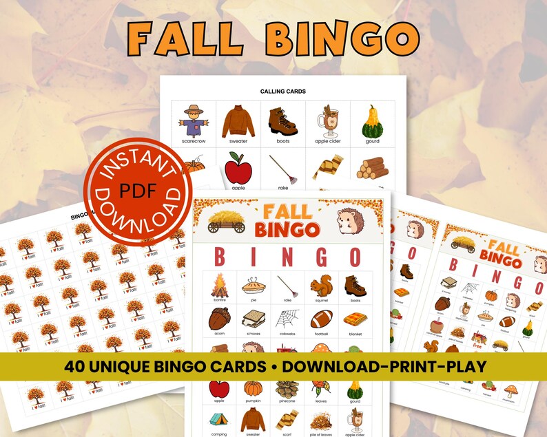 Fall Bingo Game 40 Printable Bingo Cards Autumn Fall Game for Kids ...