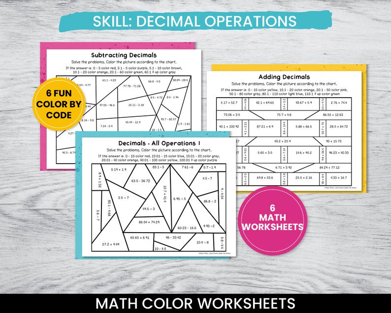 Decimal Operations Color by Number Math Worksheets Packet - No Prep ...
