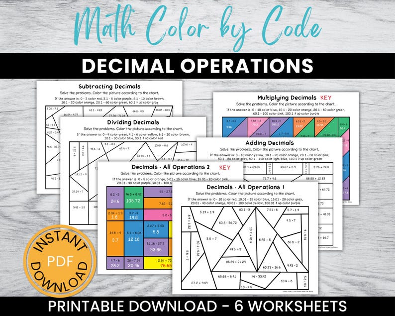 Decimal Operations Color by Number Math Worksheets Packet No Prep Math ...