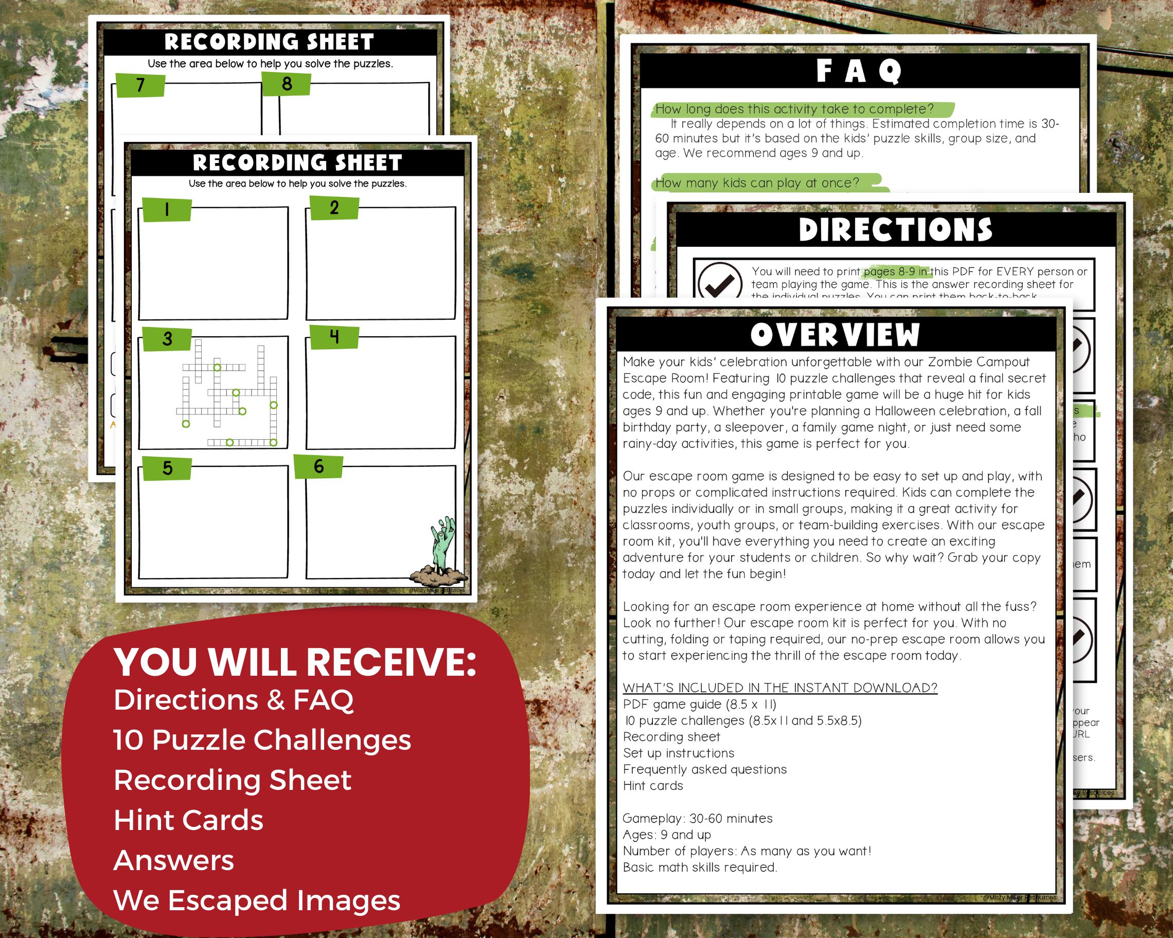 Zombie Campout Escape Room - Halloween Escape Room - Fun Printable ...