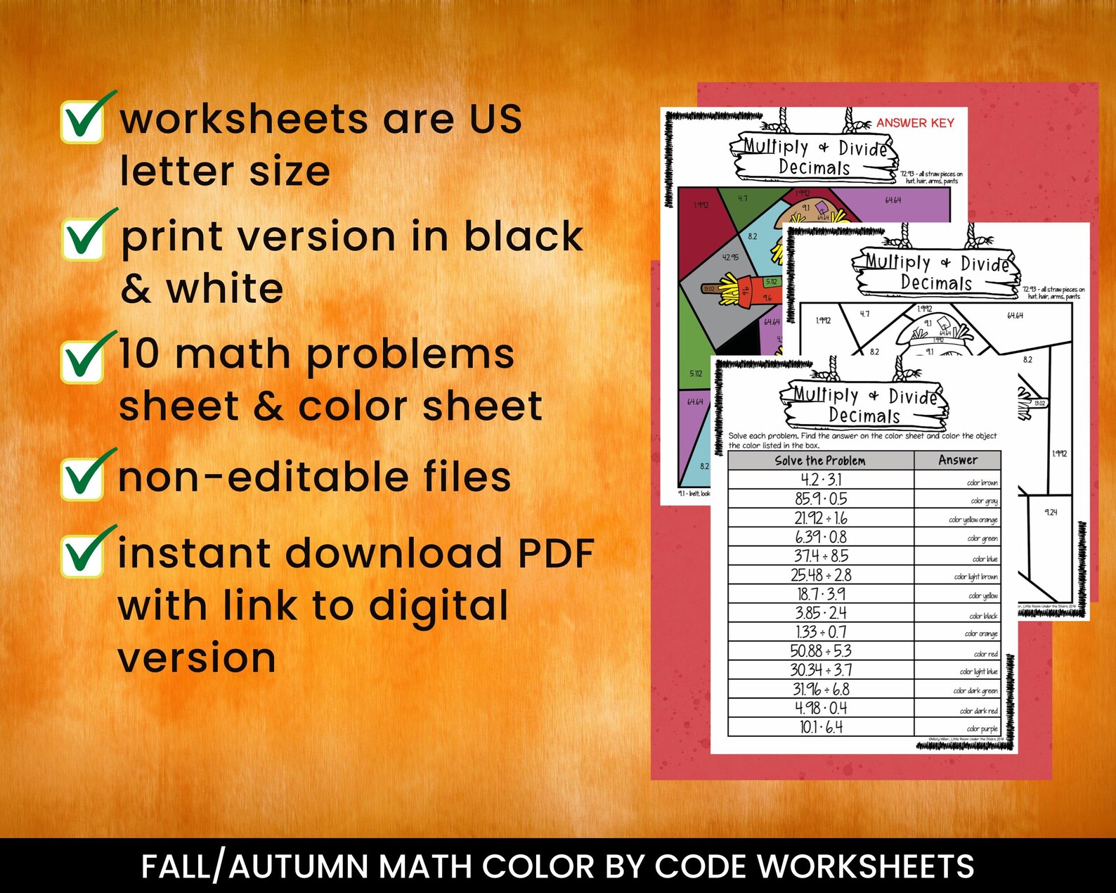 Fall Scarecrow Math Multiplying and Dividing Decimals - 5th and 6th ...