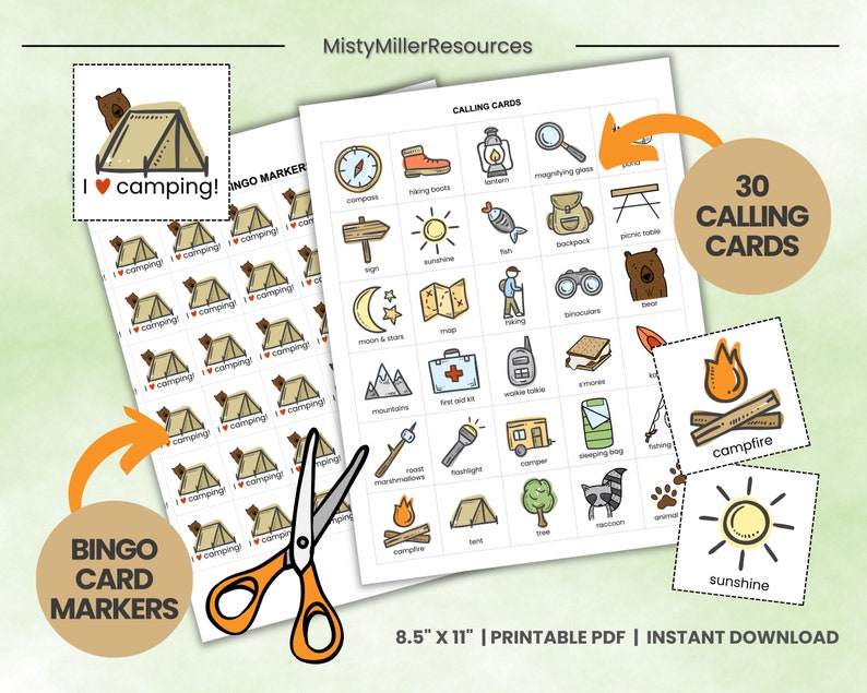 Camping Bingo Game - 40 Printable Bingo Cards - Summer Camping Game for ...