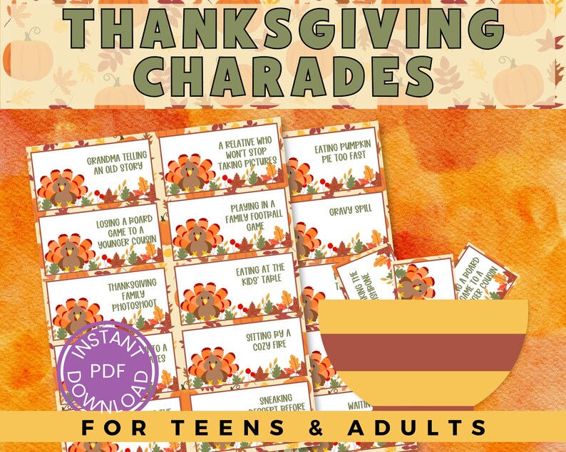 Thanksgiving Charades Game for Teens & Adults - Printable Thanksgiving ...