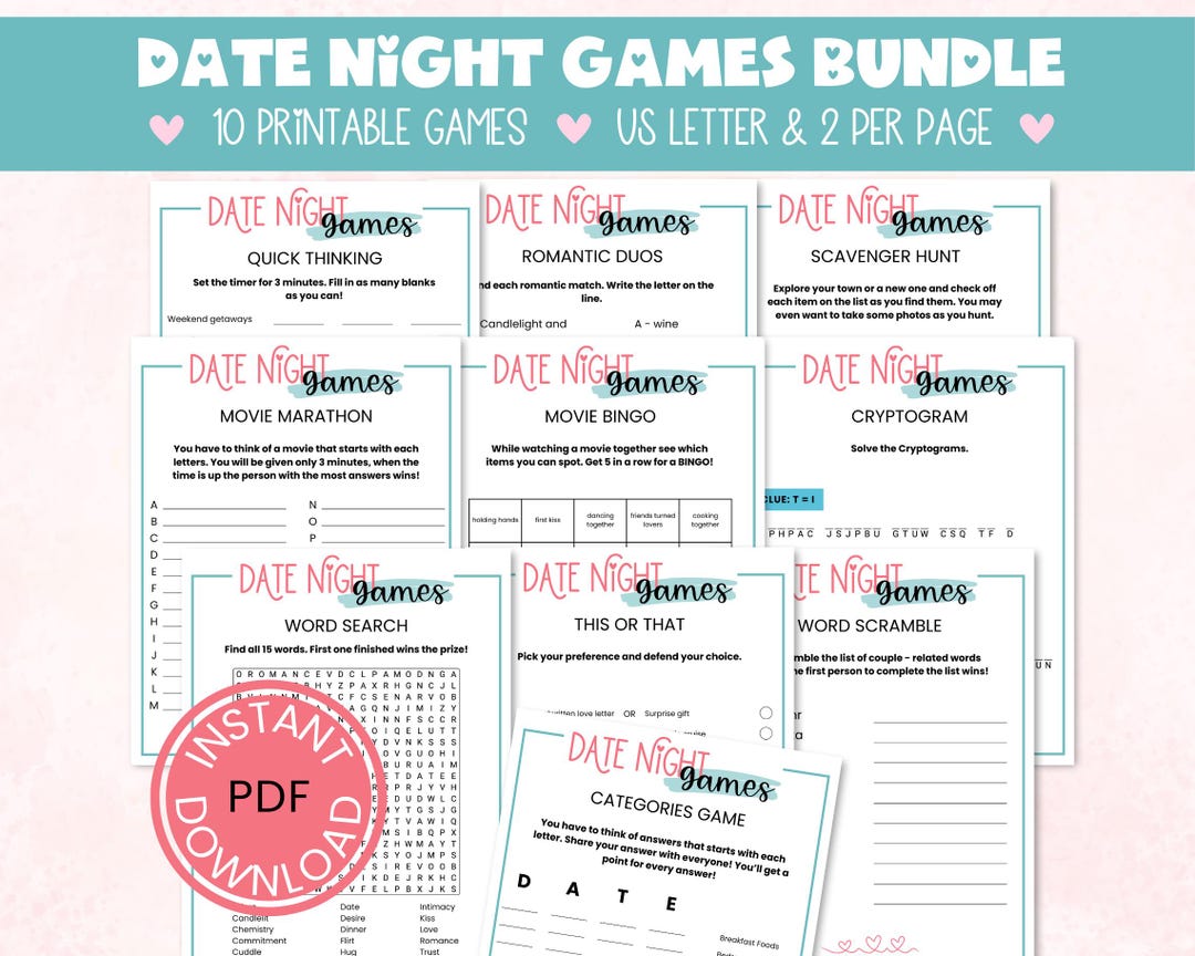 Fun Date Night Games for Couples - Bundle of 10 Printable Couples Games ...