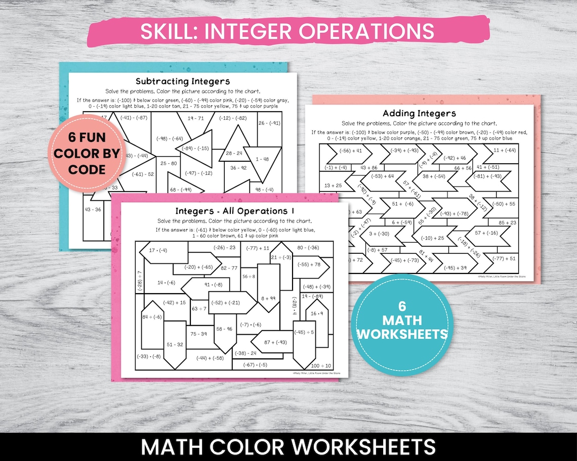 Integer Operations Math Color by Number Pages - Worksheets Packet - No ...