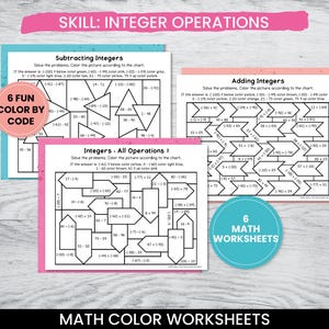Integer Operations Math Color by Number Pages - Worksheets Packet - No ...