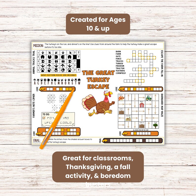 Thanksgiving One-pager Escape Room for Tweens, the Great Turkey Escape ...