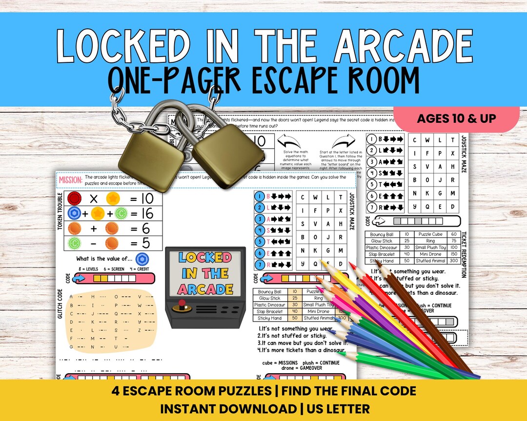 One-pager Printable Escape Room for Tweens & Kids - Arcade Escape Room ...