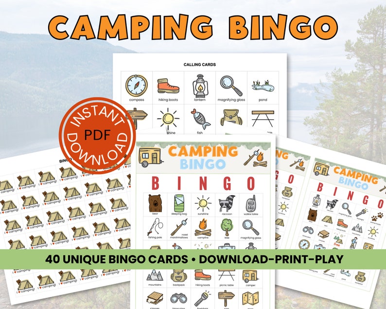 Camping Bingo Game - 40 Printable Bingo Cards - Summer Camping Game for ...