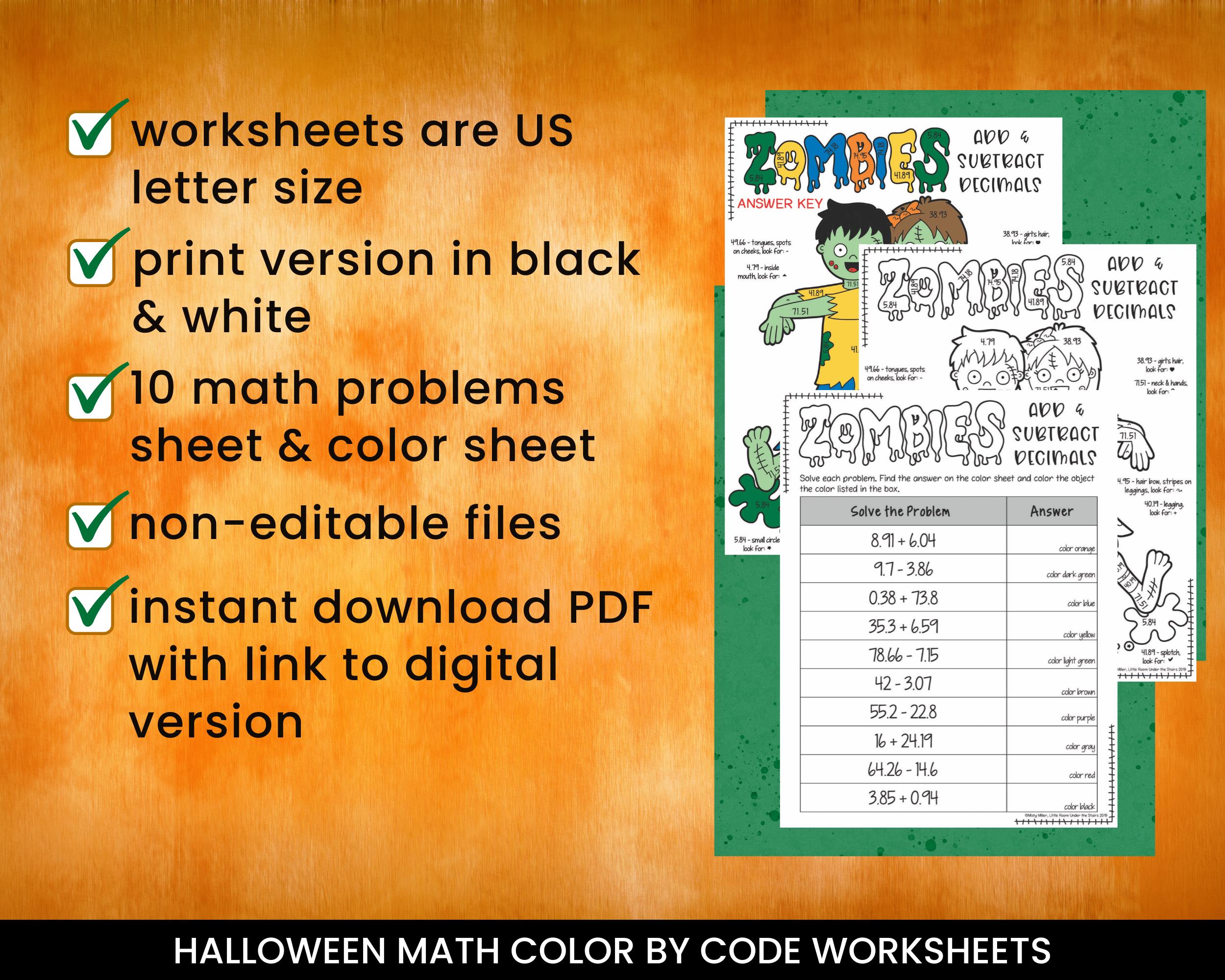 Halloween Zombie Math Adding and Subtracting Decimals - 5th and 6th ...