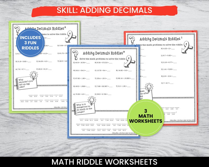 Math Decimals Worksheets With Riddles, Adding Decimals, Math Teacher ...