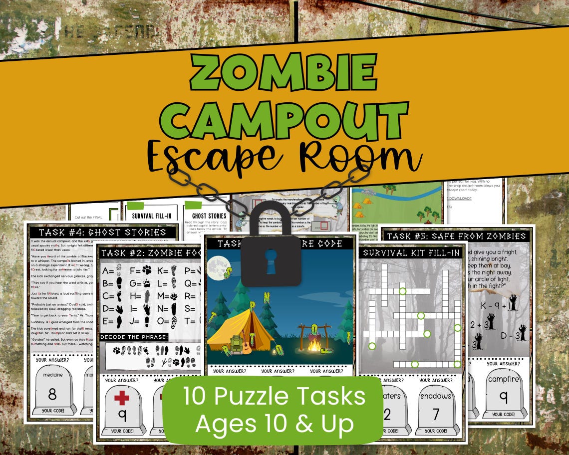 Halloween Escape Room for Tweens & Kids, Zombie Camping Printable Game ...