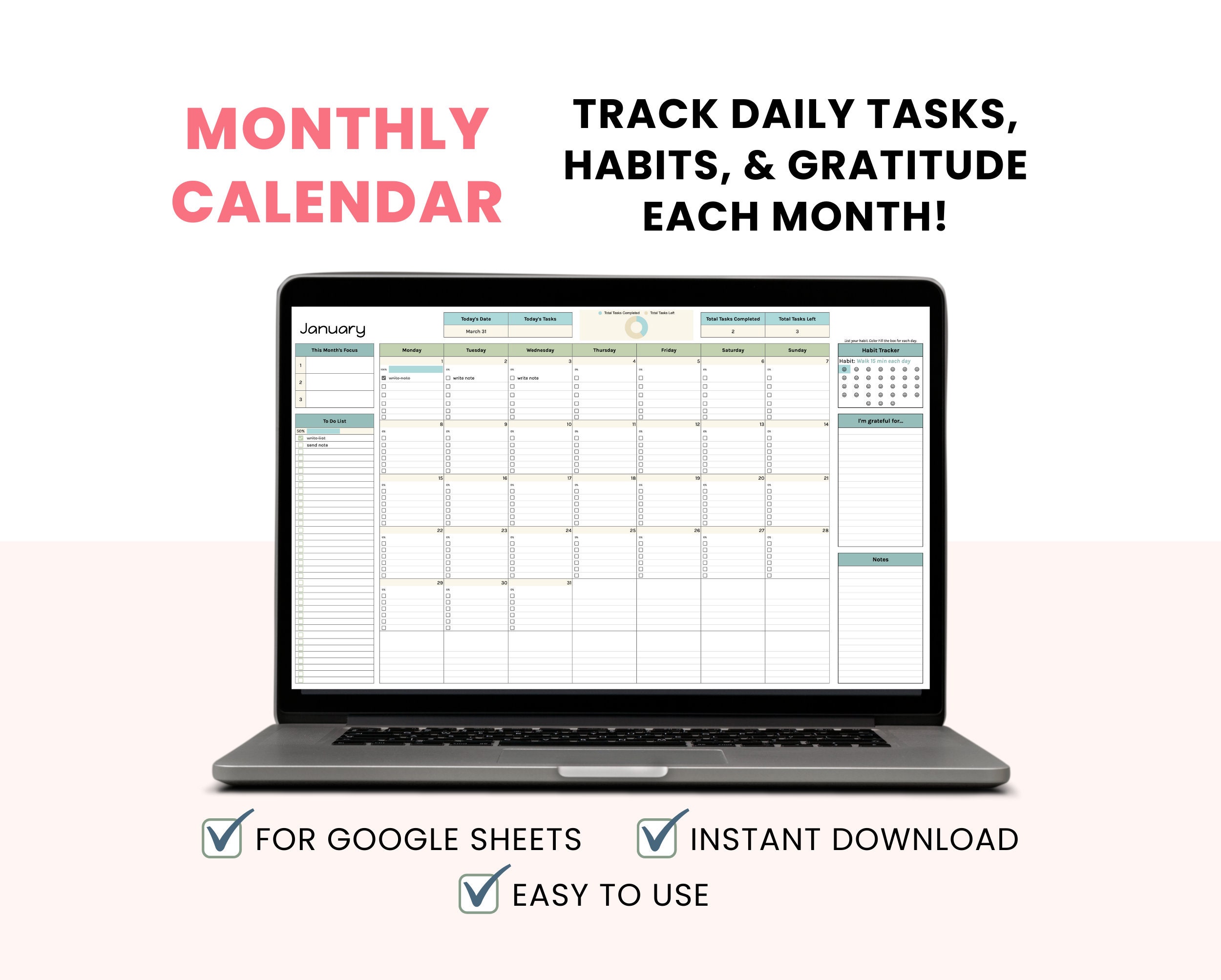 Monthly Calendar Task Tracker for Google Sheets to Do List Productivity ...