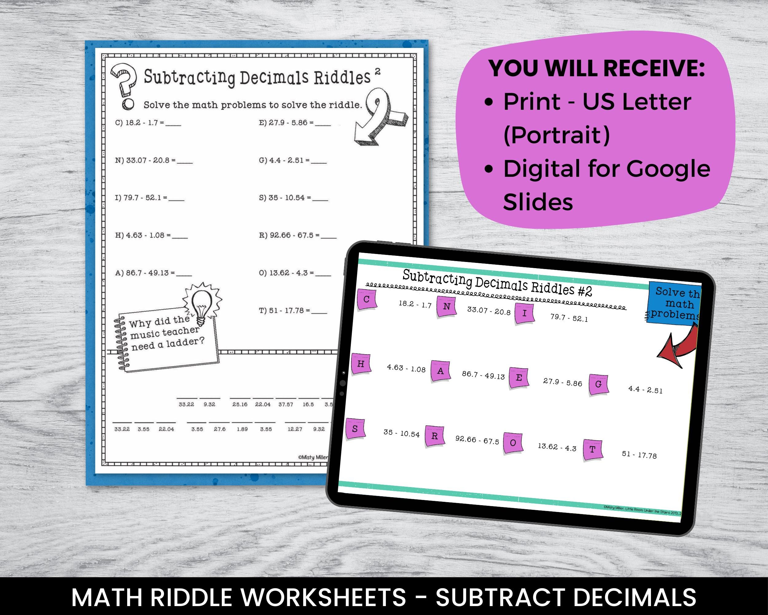 Math Decimals Worksheets With Riddles, Subtracting Decimals, Math ...