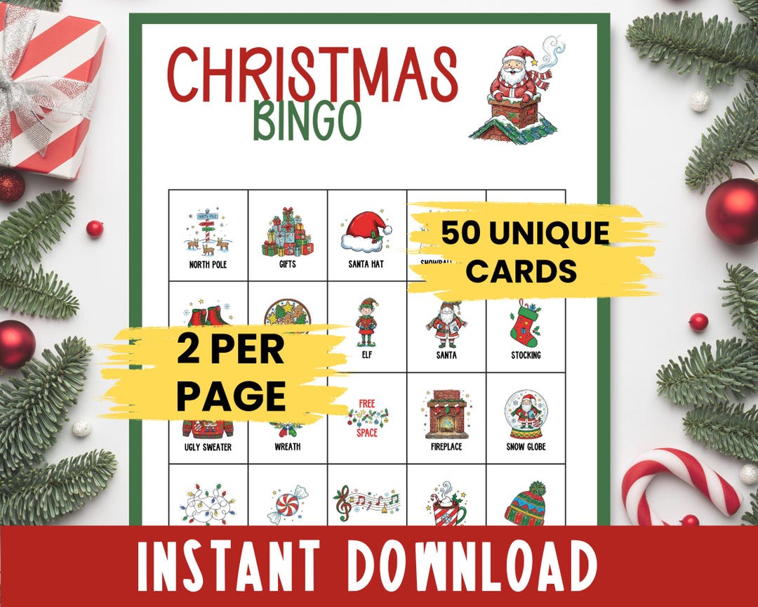 Christmas Bingo Game for Kids, 50 Printable Bingo Cards, Kids Party ...
