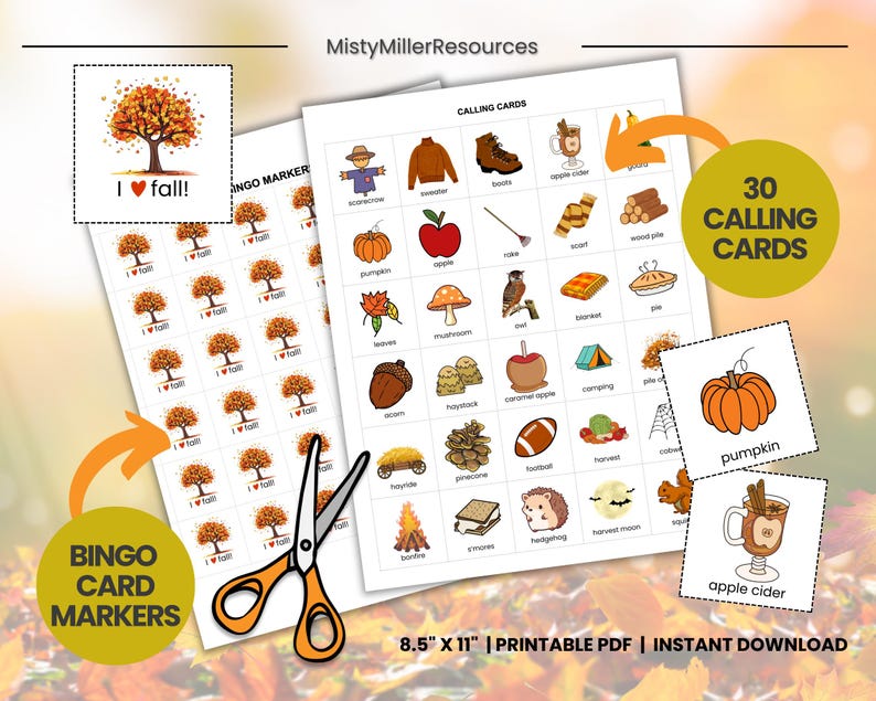 Fall Bingo Game - 40 Printable Bingo Cards - Autumn - Fall Game for ...