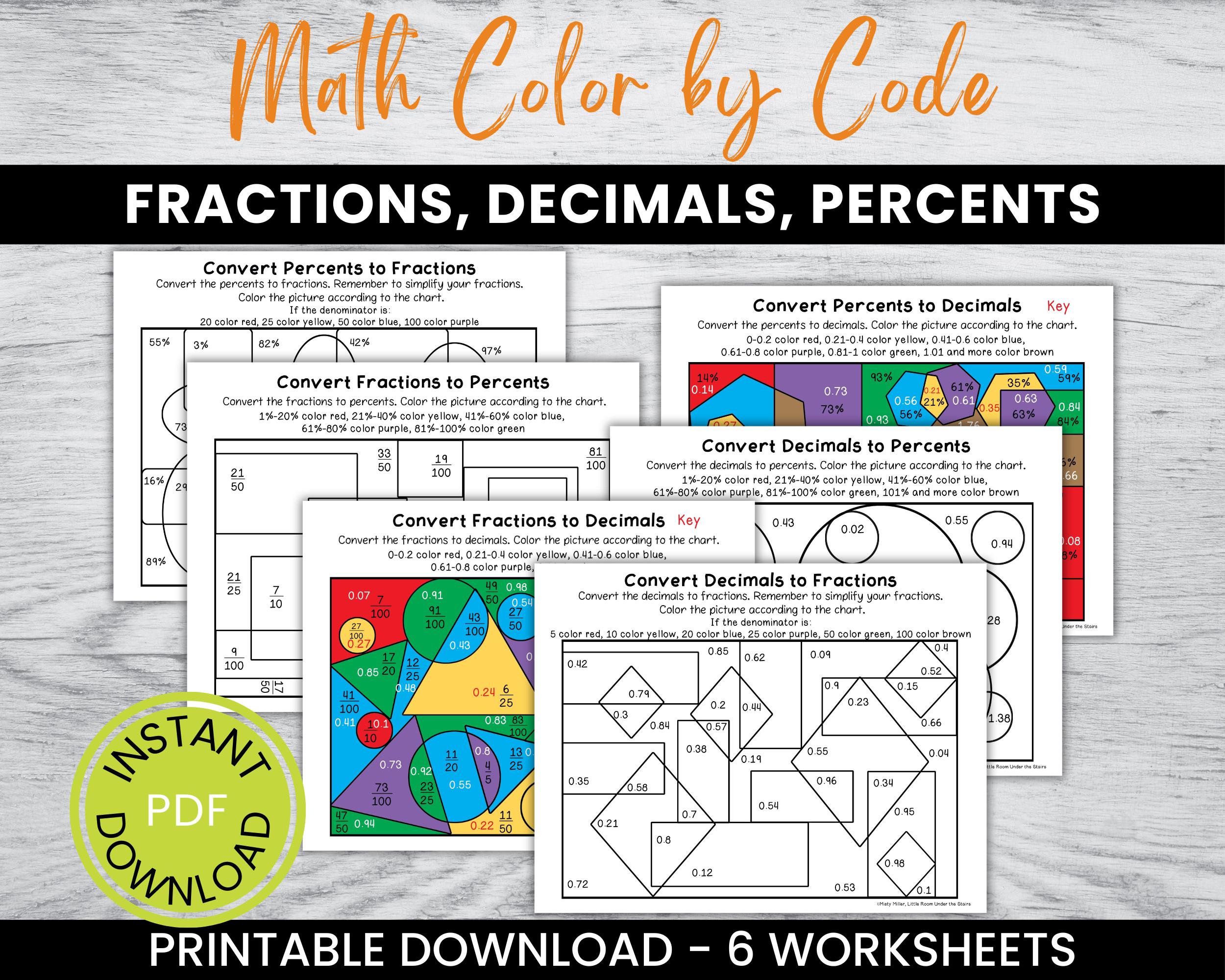 Converting Fractions Decimals and Percents Activity - Math Color by ...