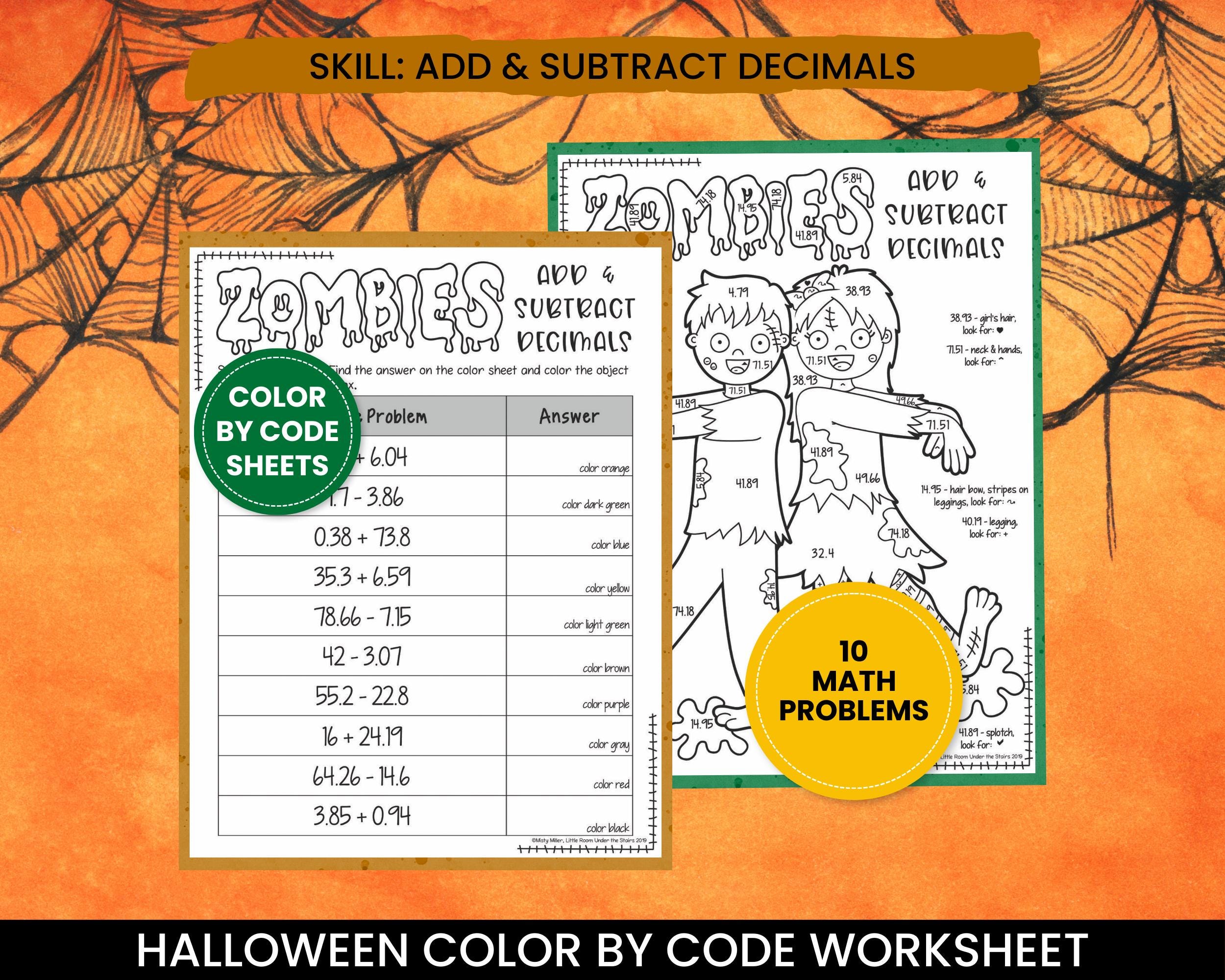 Halloween Zombie Math Adding and Subtracting Decimals - 5th and 6th ...